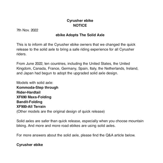 Cyrusher ebike NOTICE